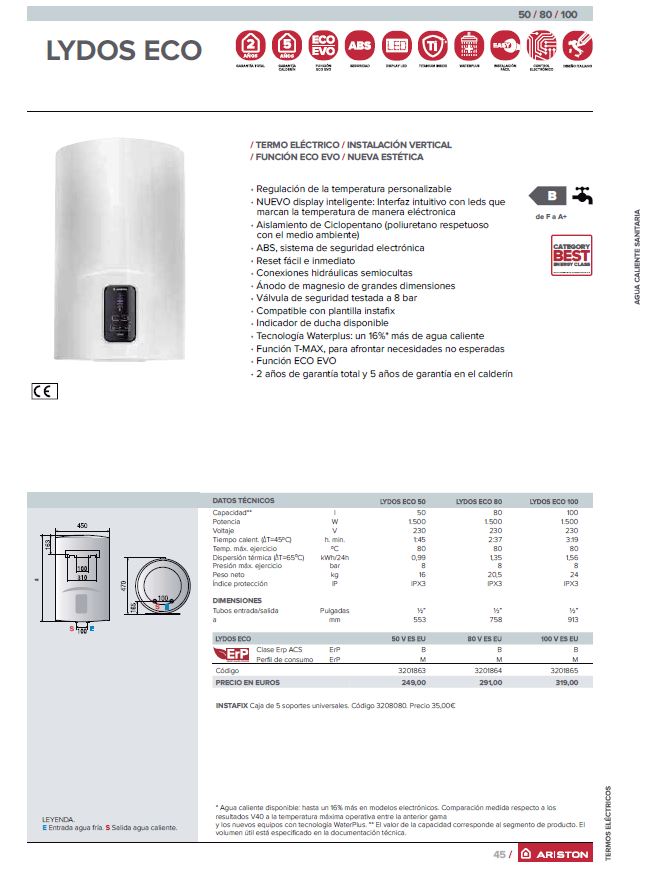 Pro1 50V ES EU capacidad 50 litros vertical termo Ariston