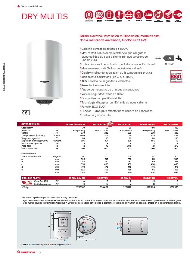Pro1 50V ES EU capacidad 50 litros vertical termo Ariston